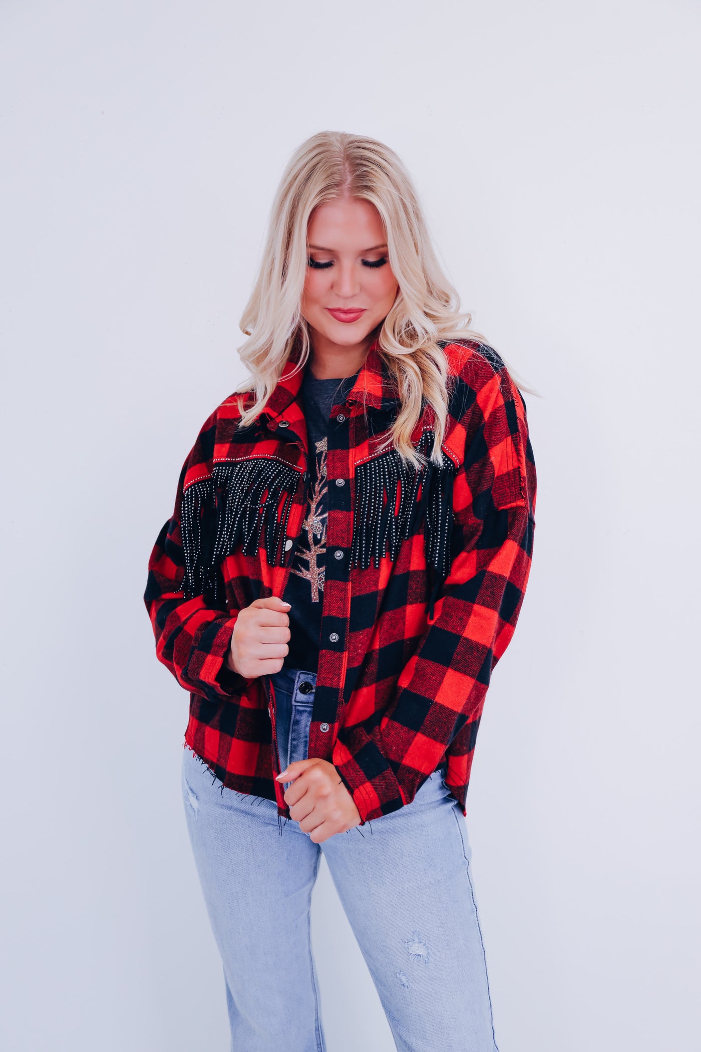 Peoria Plaid Fringe Shacket - Red – Whiskey Darling Boutique