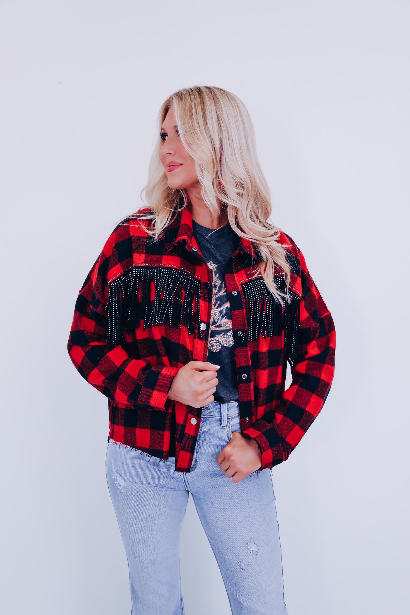 Peoria Plaid Fringe Shacket - Red – Whiskey Darling Boutique