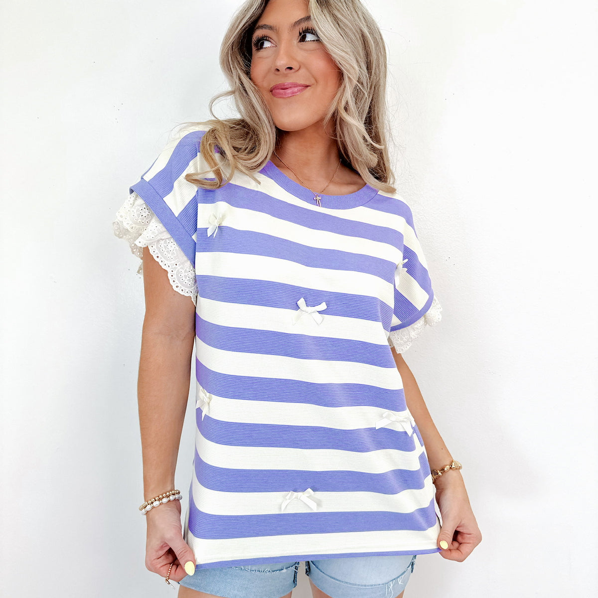 Emma Striped Bow Embellished Top - Lavender – Whiskey Darling Boutique